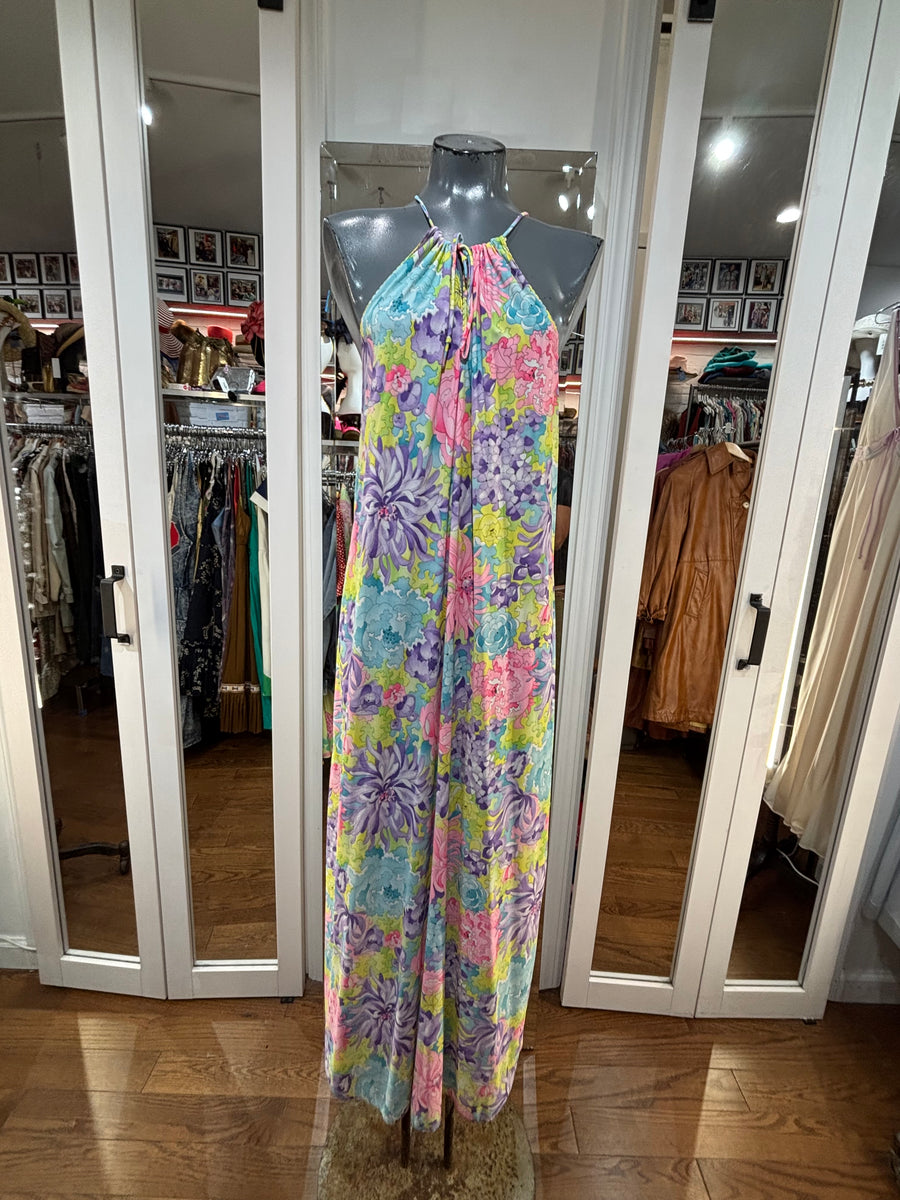 70’s Pink Multicolor Pastel Flowers Print Maxi Dress With Tie String N ...