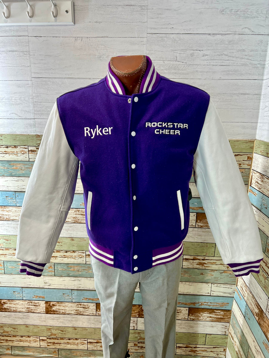 90’s Purple & White Rock Cheer Letterman Varsity Jacket By Rockstar Ch ...